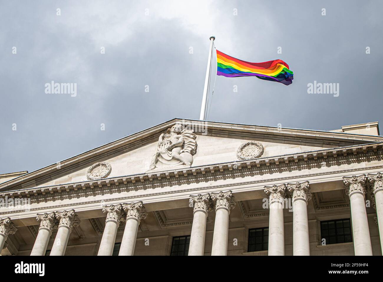 LONDON, UK 25 March 2021. The rainbow flag symbol of the LGBT movement ...