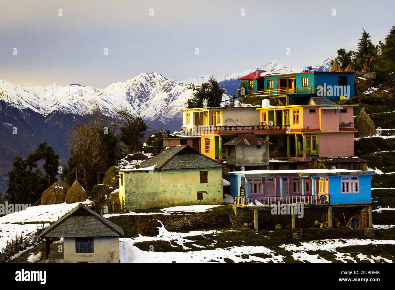 Landscape with snow and mountains. Sunset view of a scenic village ...
