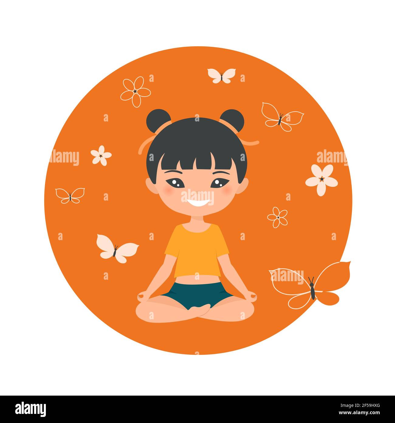 Cute Chinese chibi girl doing yoga on orange background. Cartoon flat ...