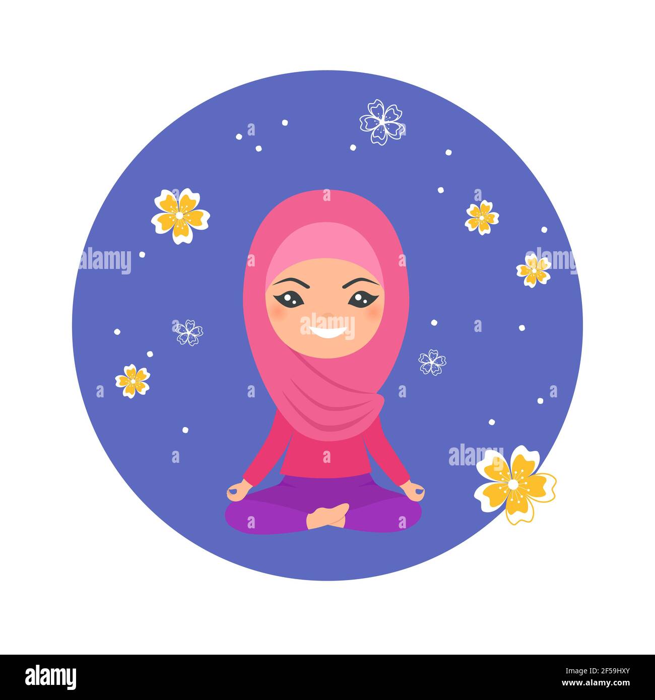 Cute chibi muslim girl doing yoga on blue background. Cartoon flat ...