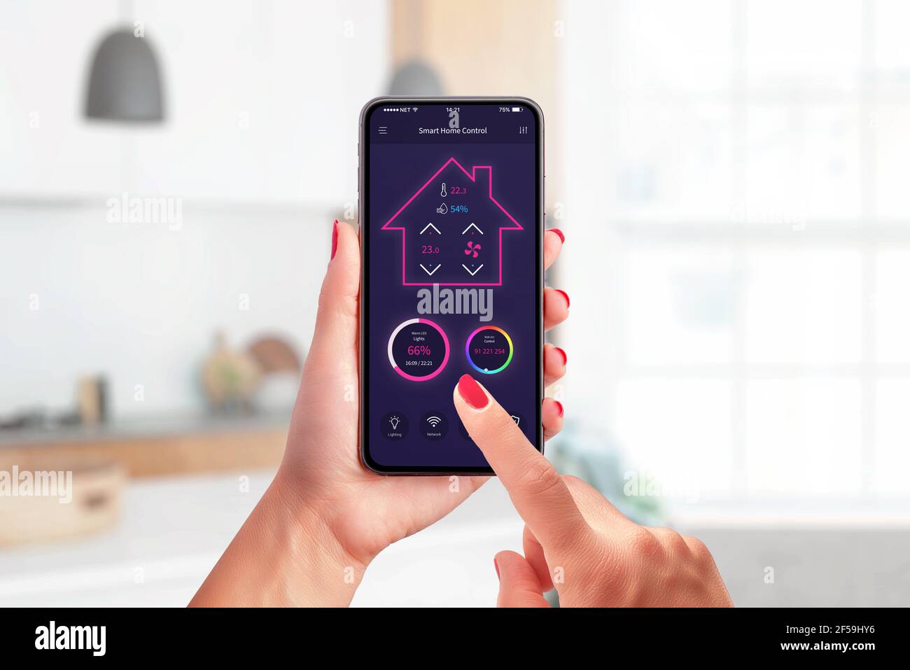 Smart home control app concept on modern phone in woman hands Stock ...