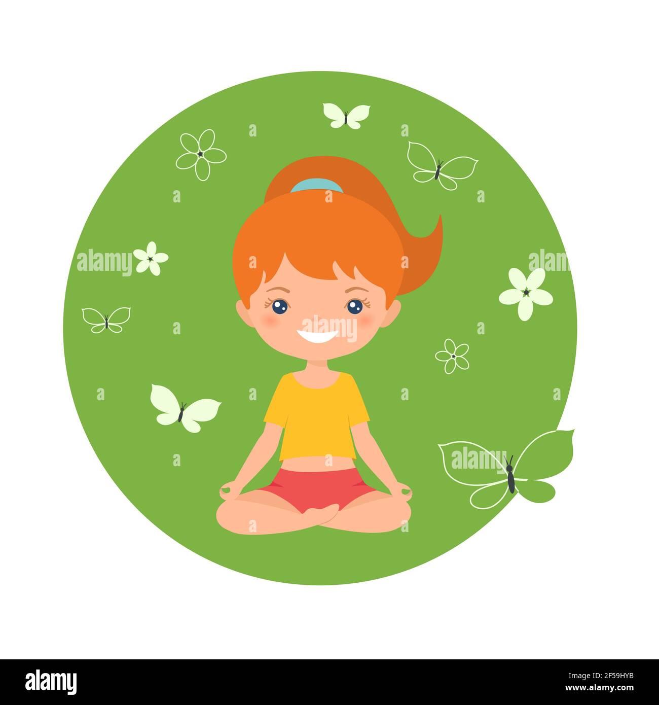 Cute chibi girl doing yoga on green background. Cartoon flat style ...