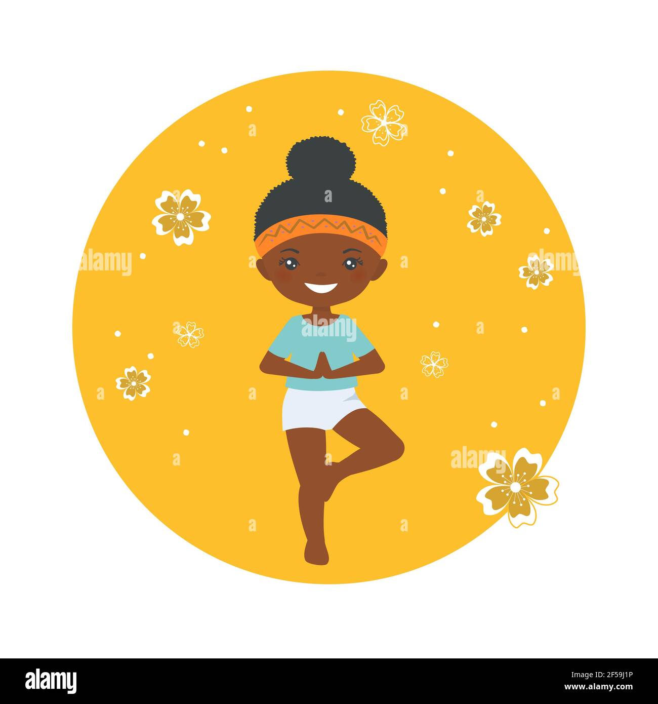 Cute african american chibi girl doing yoga on yellow background ...