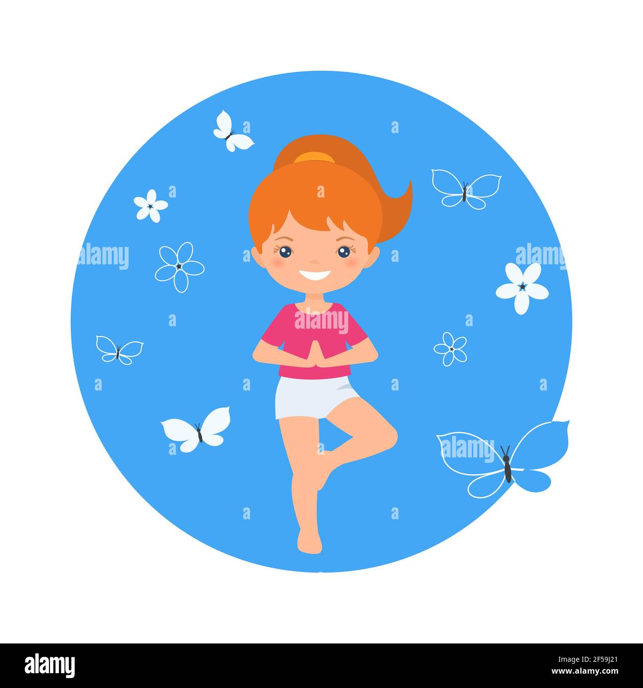Cute chibi girl doing yoga on blue background. Cartoon flat style ...