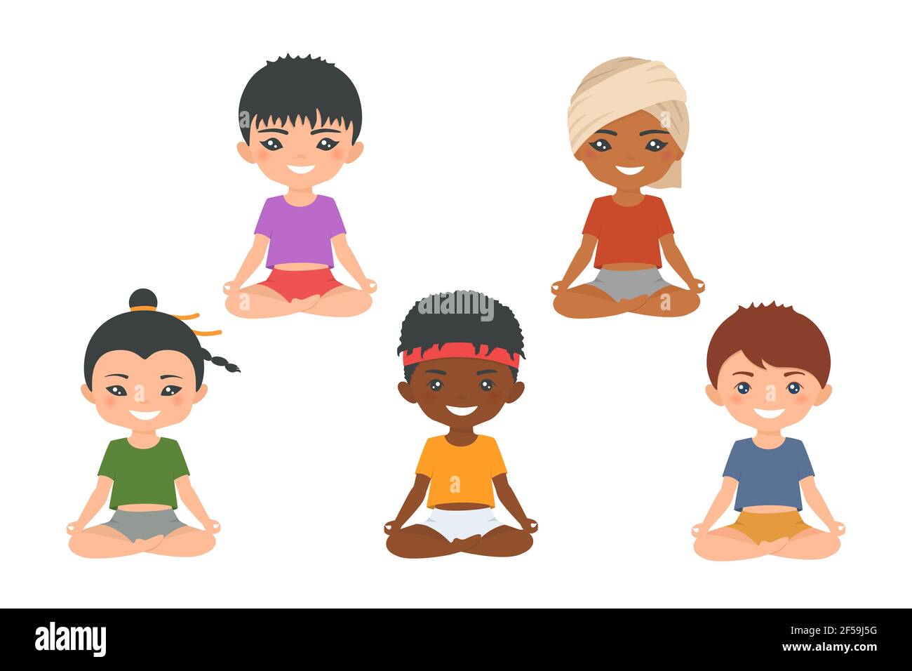 Yoga for kids.Set of cute chibi boys of different nationalities doing ...