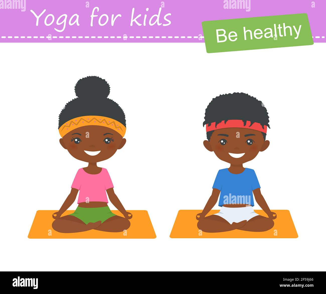 Cute african american chibi boy and chibi girl practice yoga isolated ...