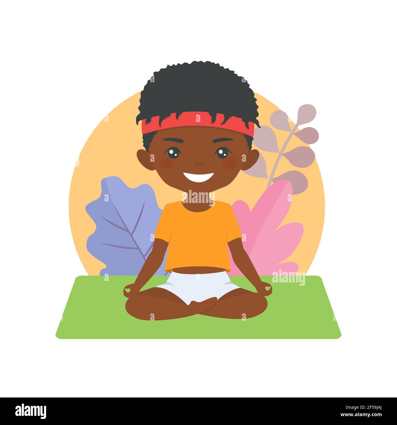 Cute african american chibi boy doing yoga on background with pattern ...