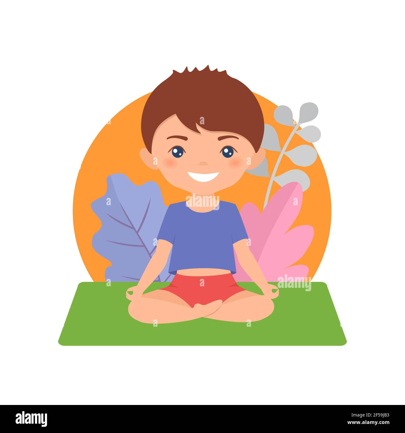 Cute chibi boy doing yoga on background with pattern. Cartoon flat ...