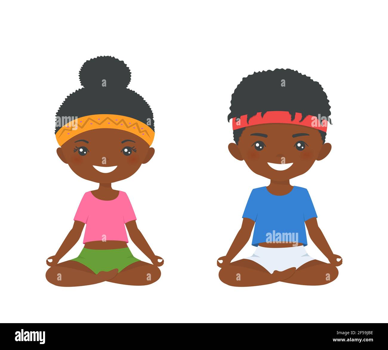 Cute african american chibi boy and chibi girl practice yoga isolated ...