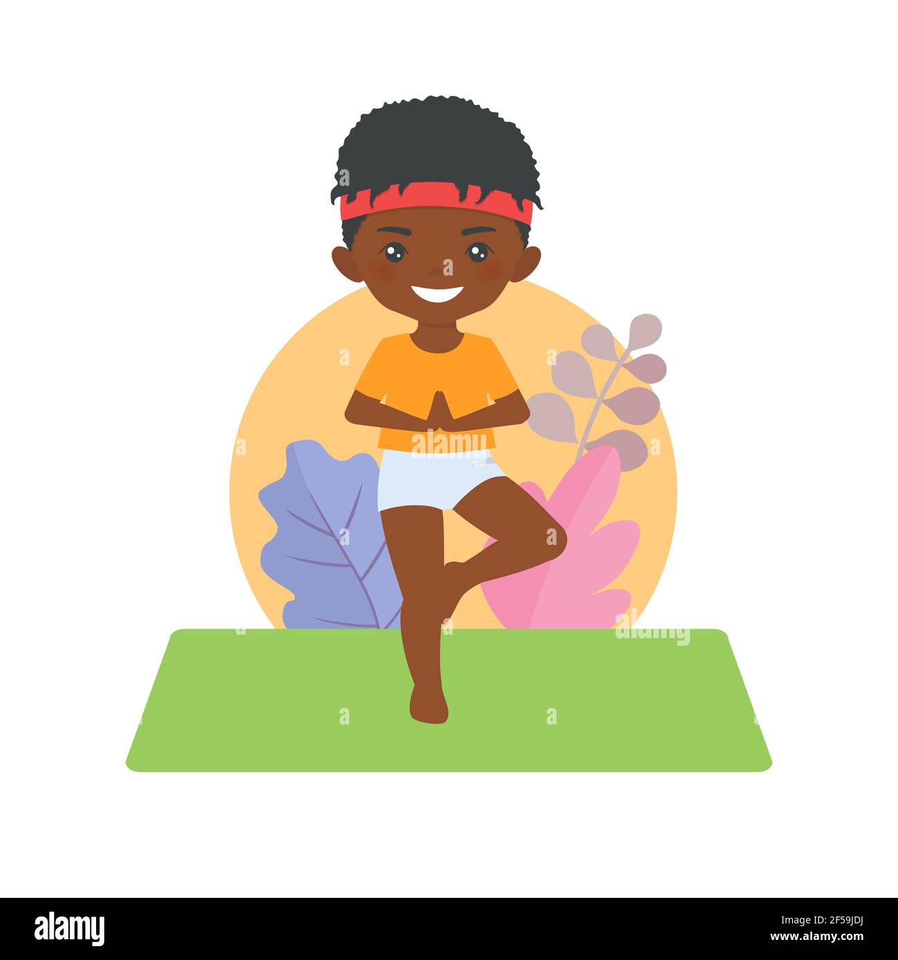 Cute african american chibi boy doing yoga on background with pattern ...