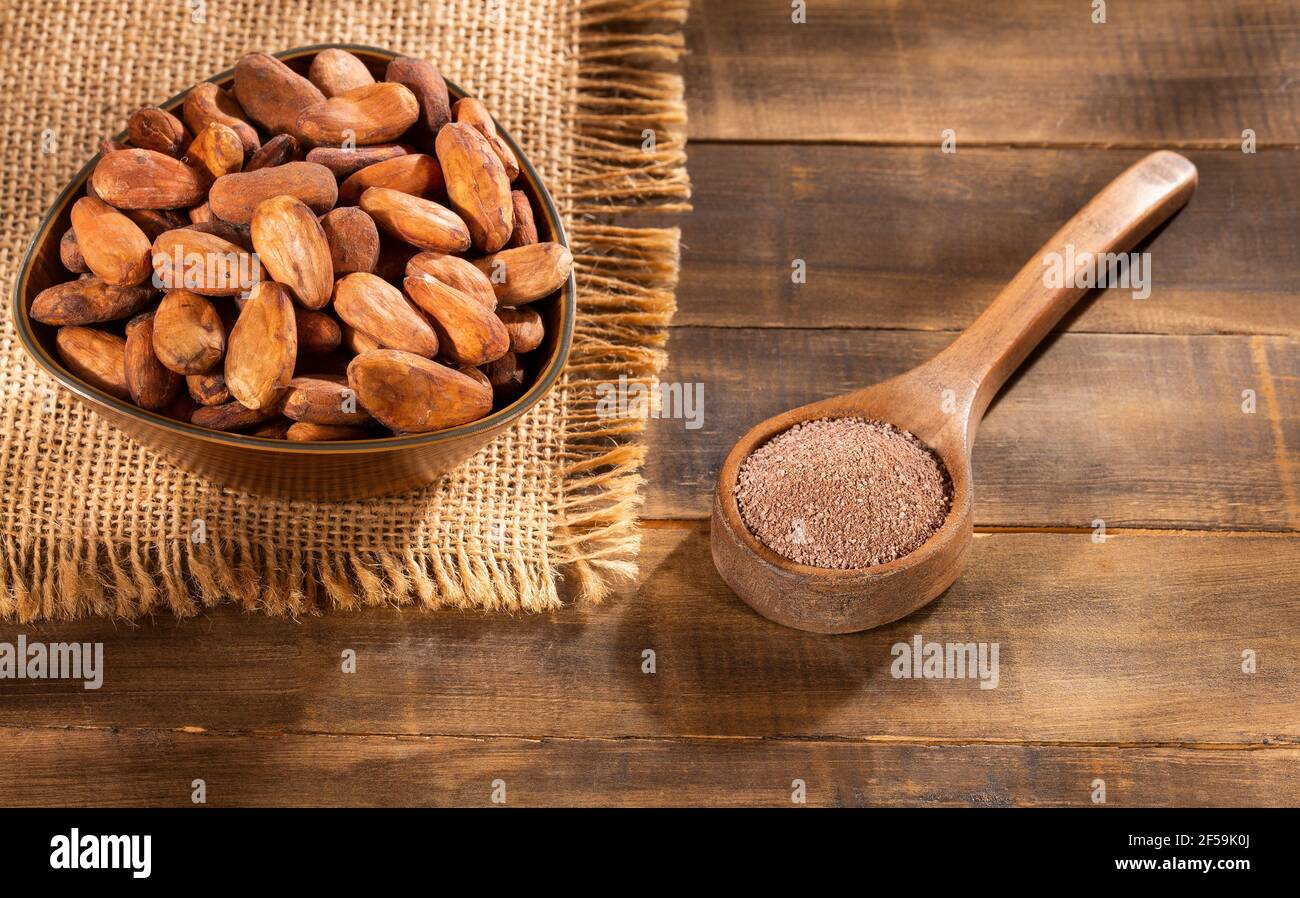 Theobroma cacao - Composition with cocoa beans and powder Stock Photo ...