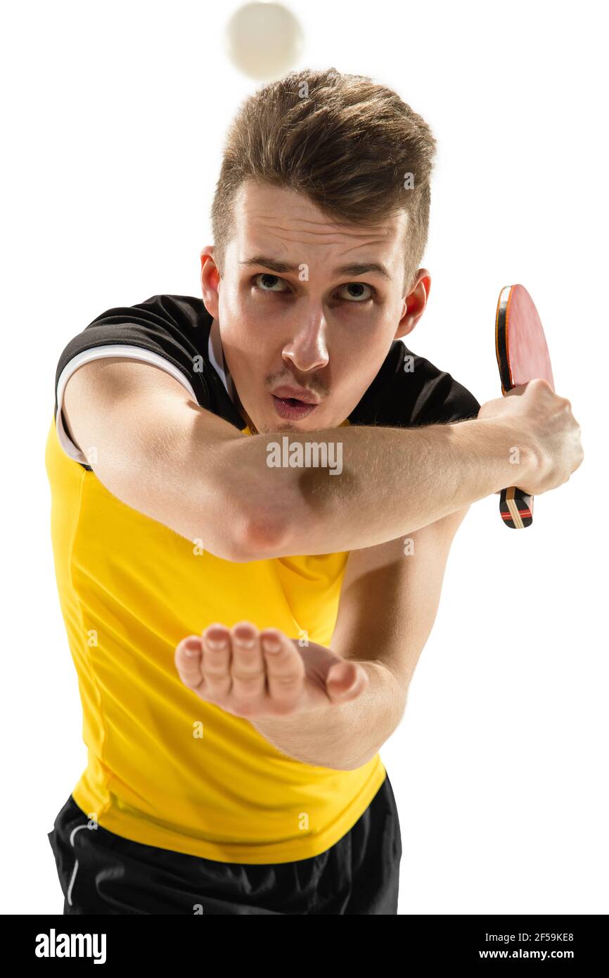 Funny emotions of professional tablet tennis player isolated on white ...