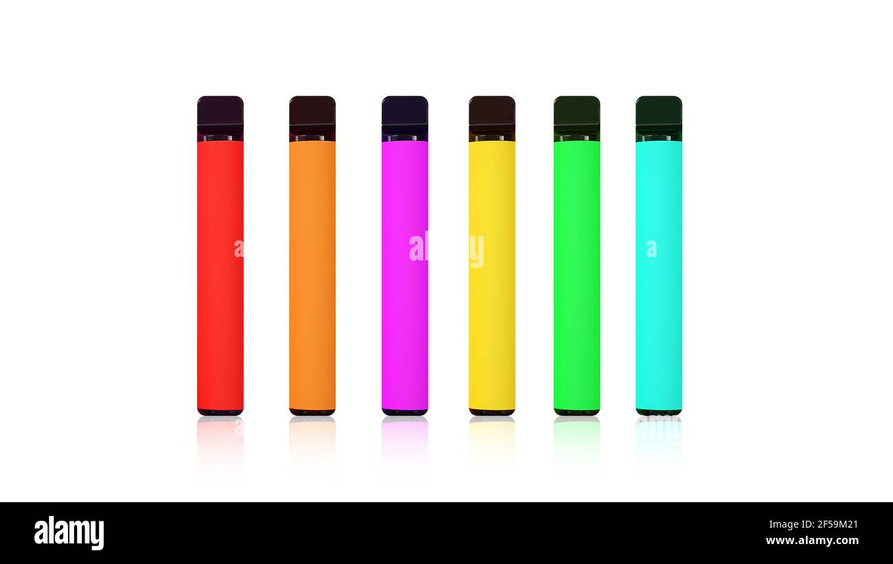 Colorful disposable electronic cigarettes with shadows on a white ...