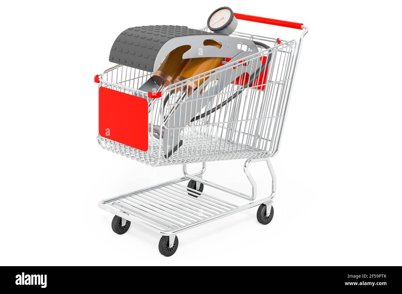 Shopping cart with high pressure air foot pump, 3D rendering isolated ...