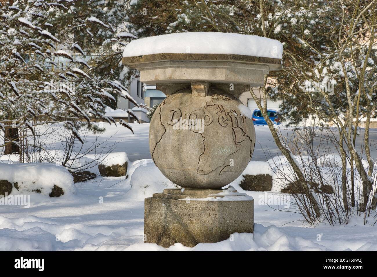 Duden Denkmal sculpture in the snowy park in Bad Hersfeld, Germany ...