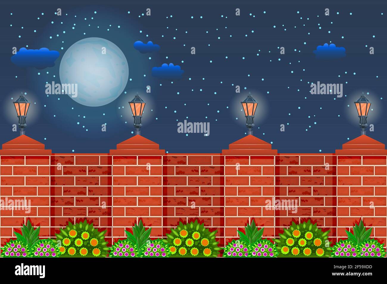 Fence against the night sky. Rural fence with pillars of red bricks ...