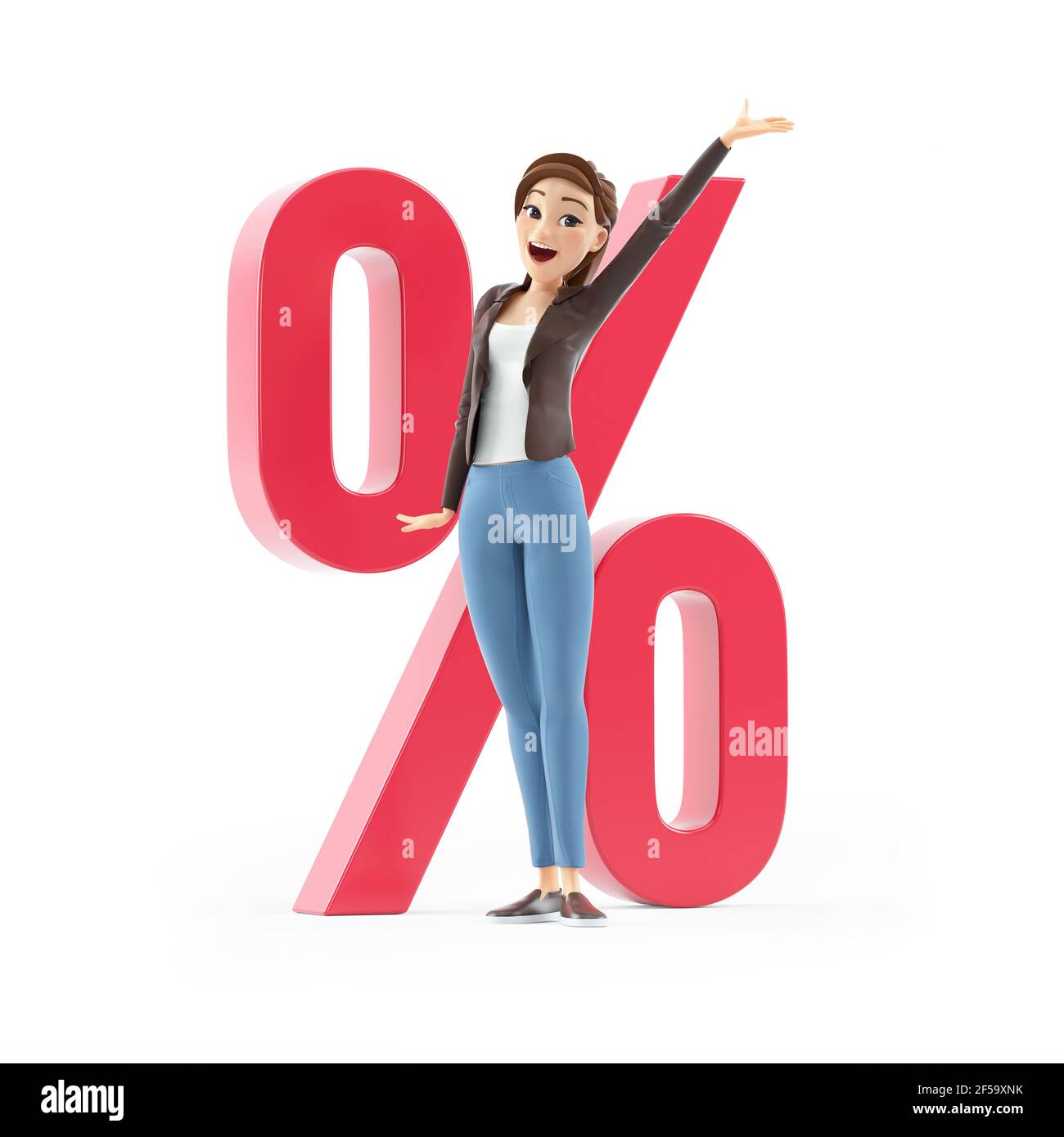 3d happy cartoon woman in front of percent sign, illustration isolated ...