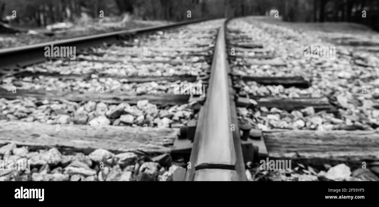 low angle view of empty steel railroad train tracks in the countryside ...