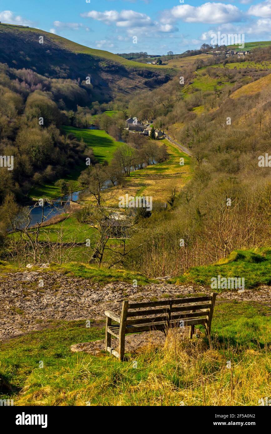 Wooden bench in early spring sunshine at Monsal Head a popular ...