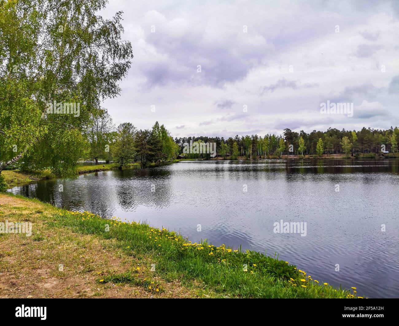 symmetric reflections on calm lake water with forests and islands Stock ...
