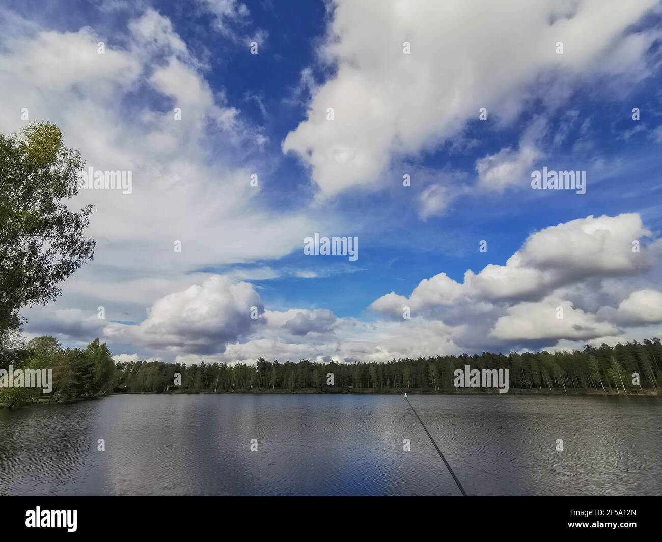 symmetric reflections on calm lake water with forests and islands Stock ...