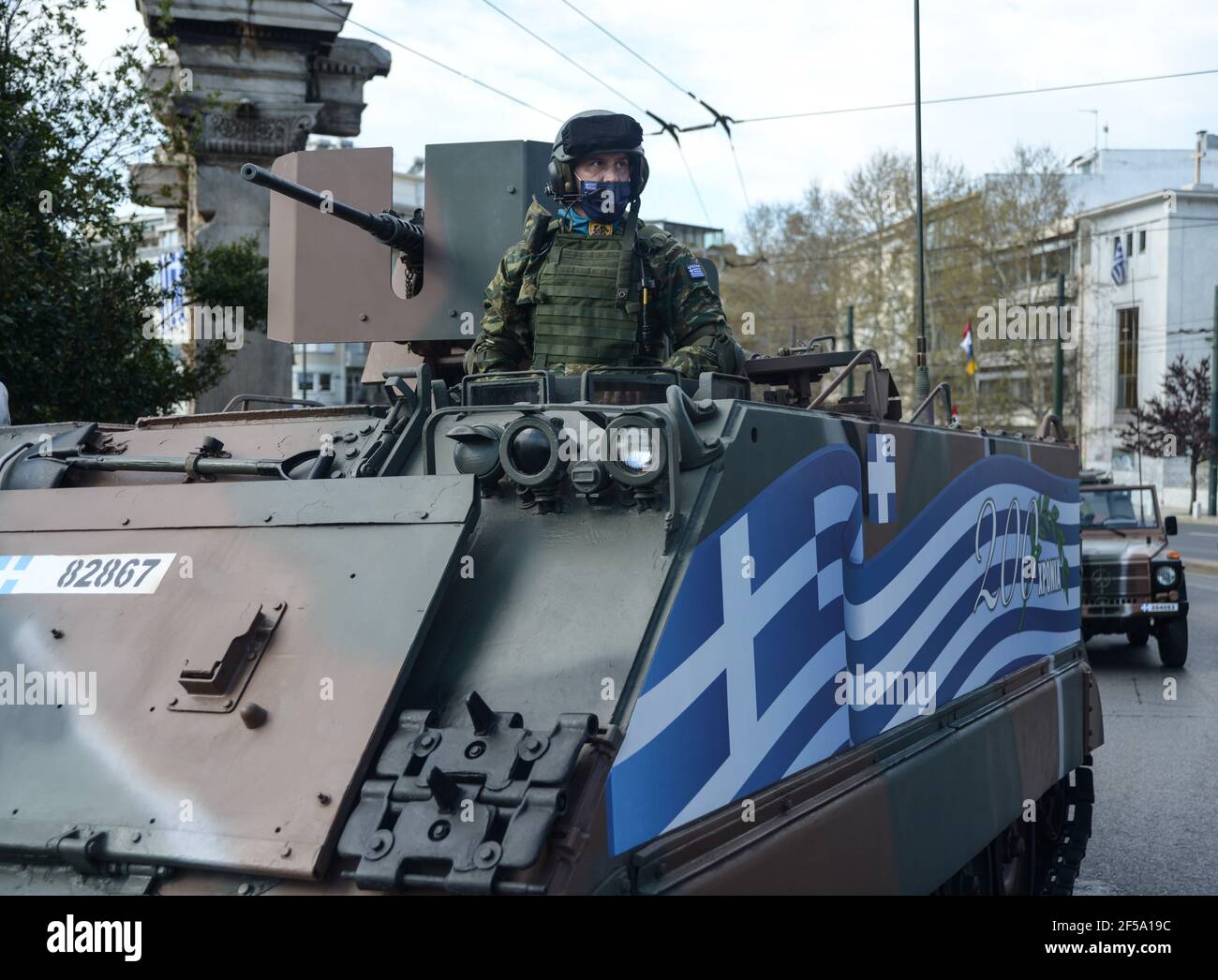 Athens, Greece. 25th Mar, 2021. A main battle tank with a Greek flag ...