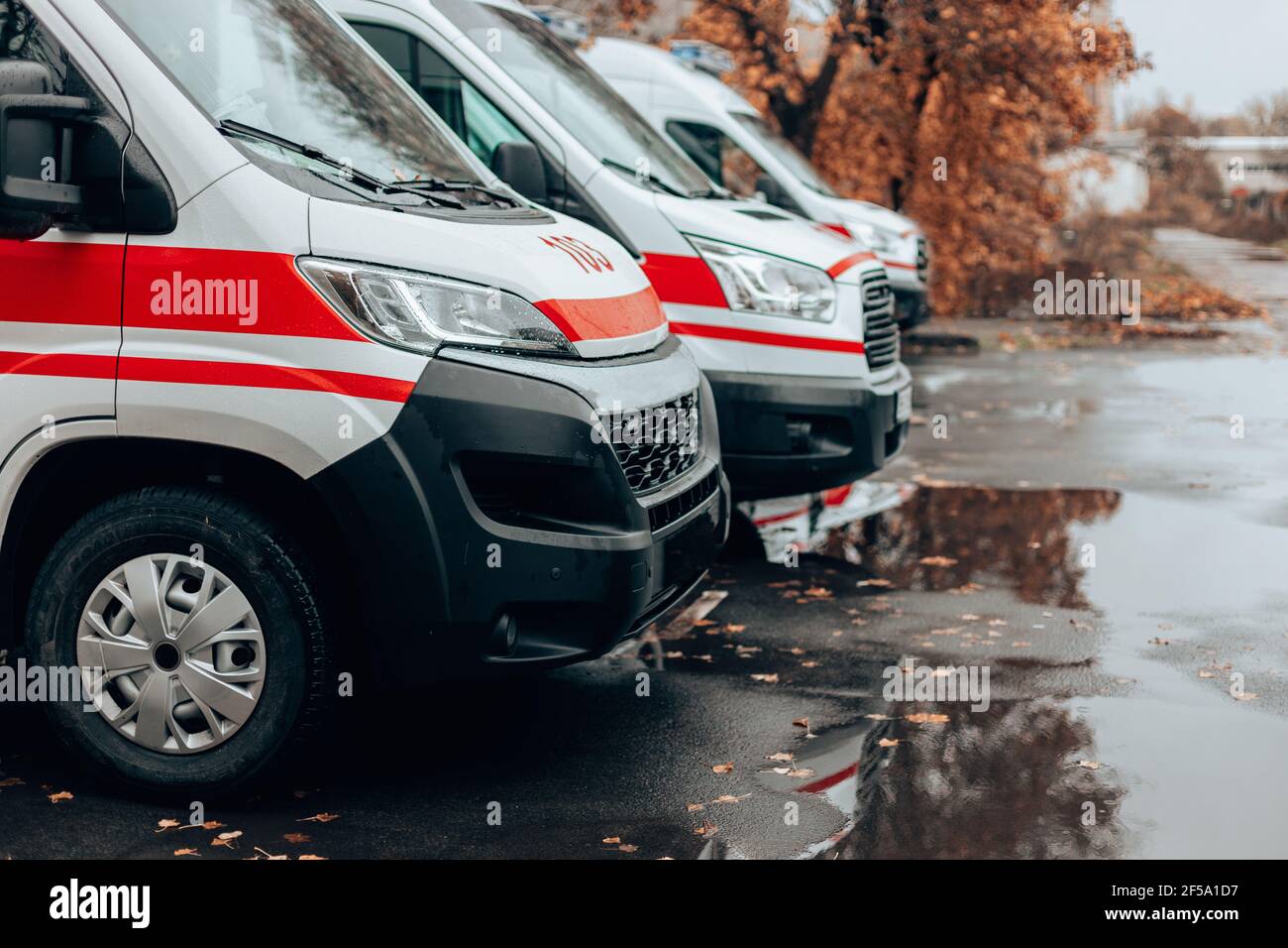 Emergency car, red and white ambulance medical service vehicle on a ...