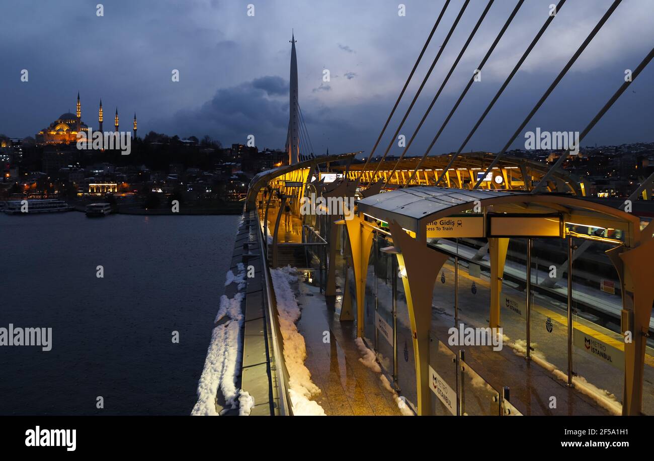 Halic Metro Bridge and Suleymaniye Mosque in Istanbul City, Turkey ...