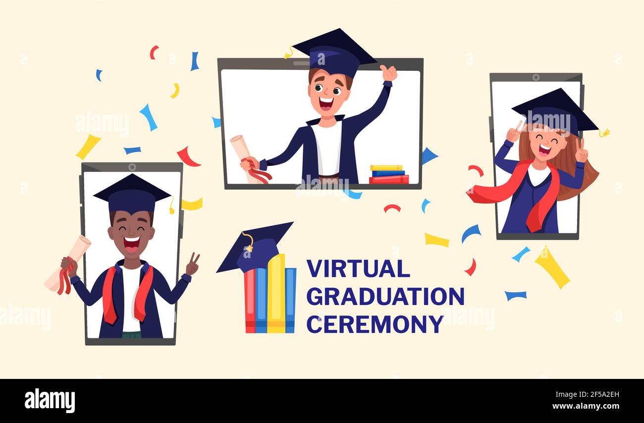 Virtual graduation ceremony 2021. Online video call with multiethnic ...