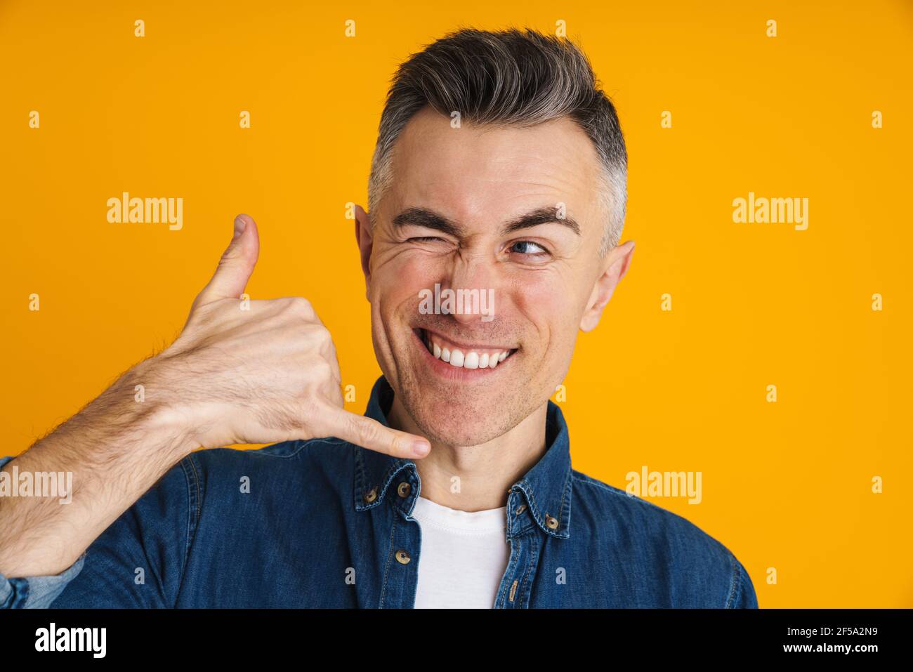 Happy handsome man winking and showing handset gesture isolated over ...