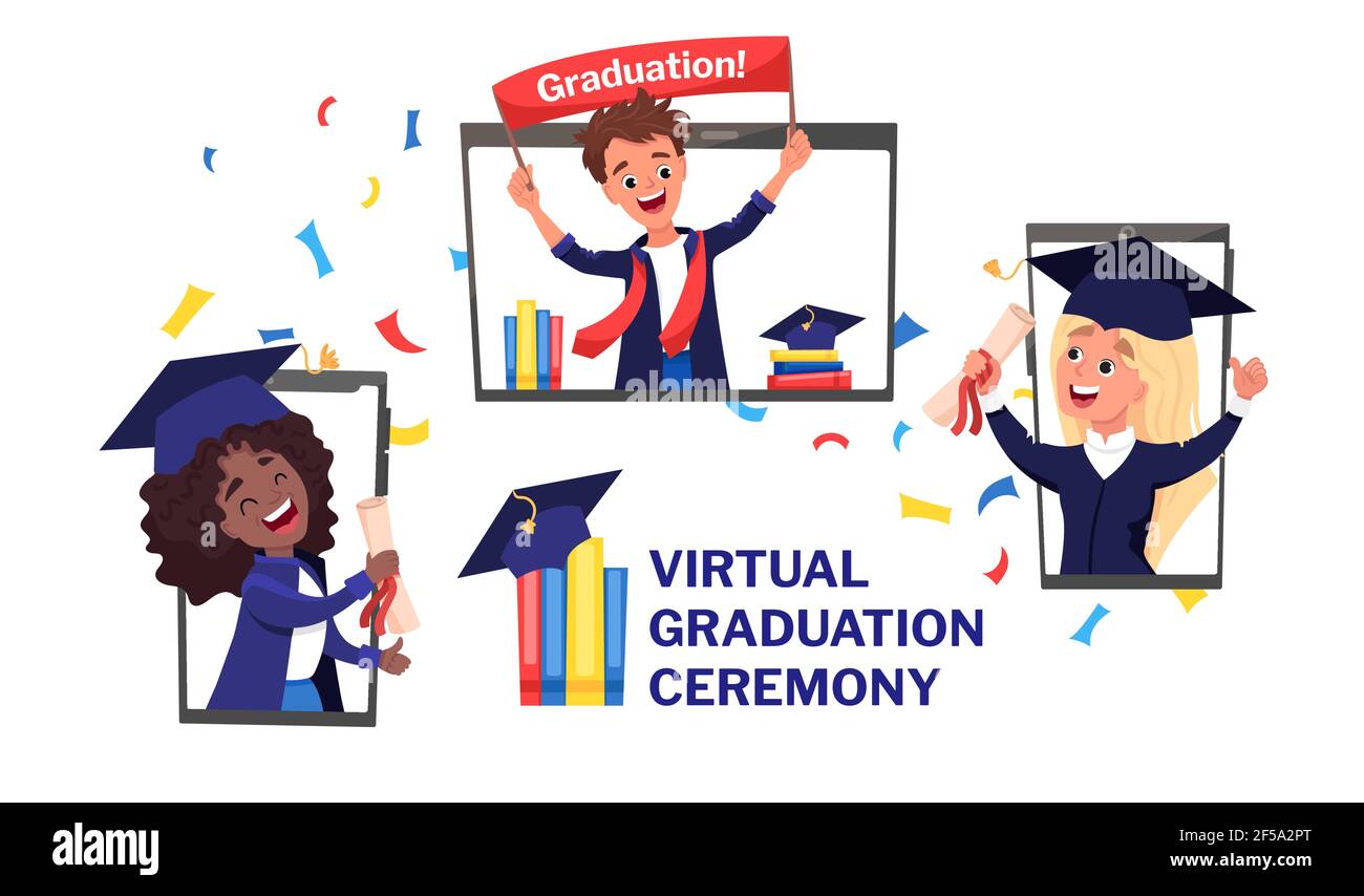 Virtual graduation ceremony banner. Online video call conference with ...