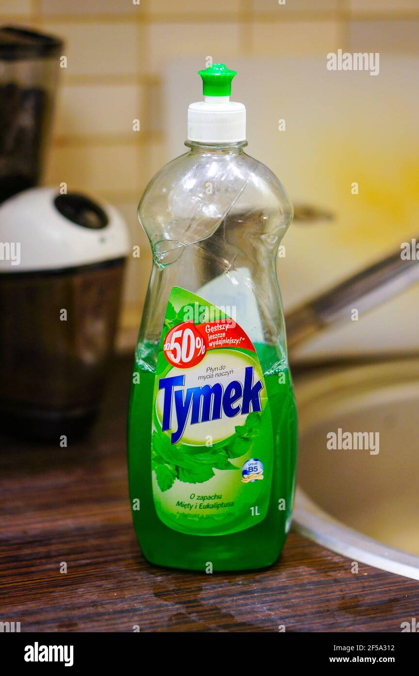 POZNAN, POLAND - Apr 05, 2016: Tymek dish cleaning liquid in a plastic ...