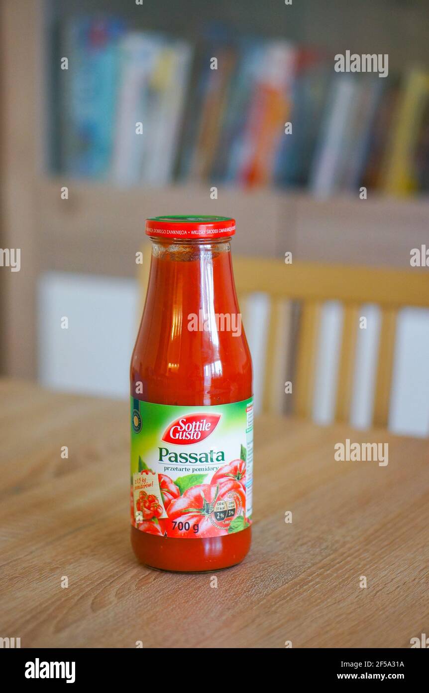 POZNAN, POLAND - Apr 01, 2016: Sottile Gusto passata in a glass bottle ...