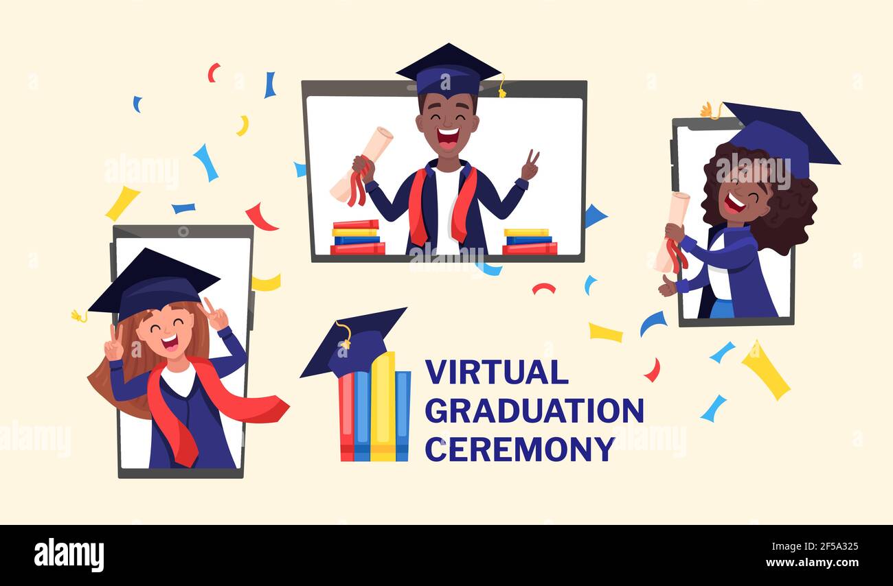 Virtual graduation ceremony 2021. Online video call with multiethnic ...