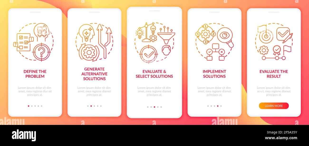 Problem solving steps red onboarding mobile app page screen with ...