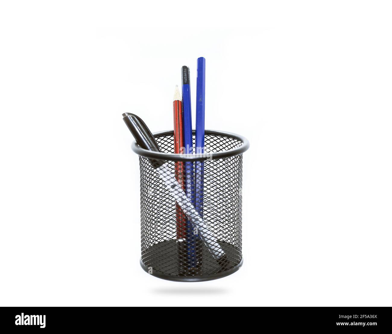 Round-shaped metallic net box with several pencils in it on white ...
