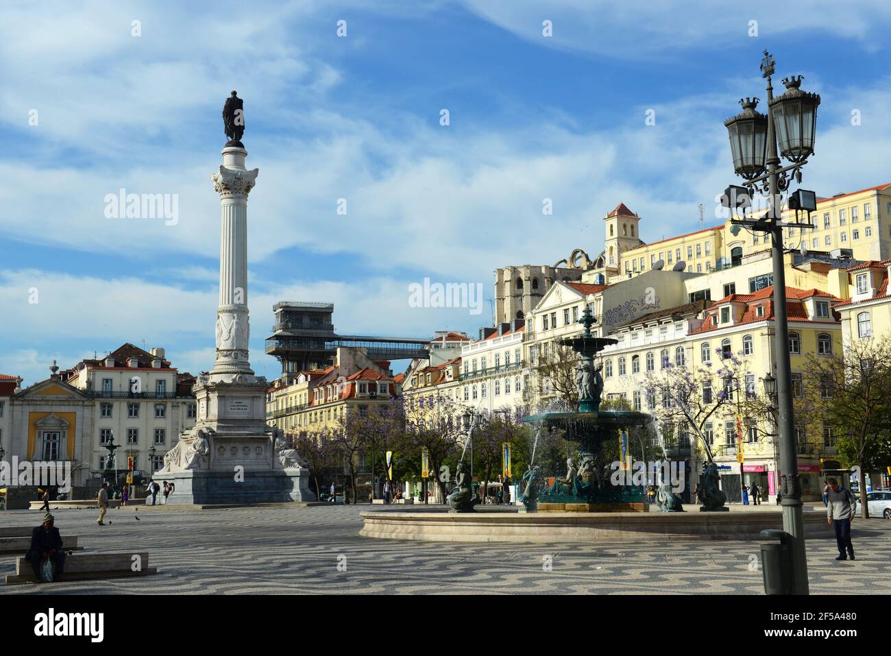 Statue of Dom Pedro IV and Bronze Fountain at Rossio Square in downtown ...