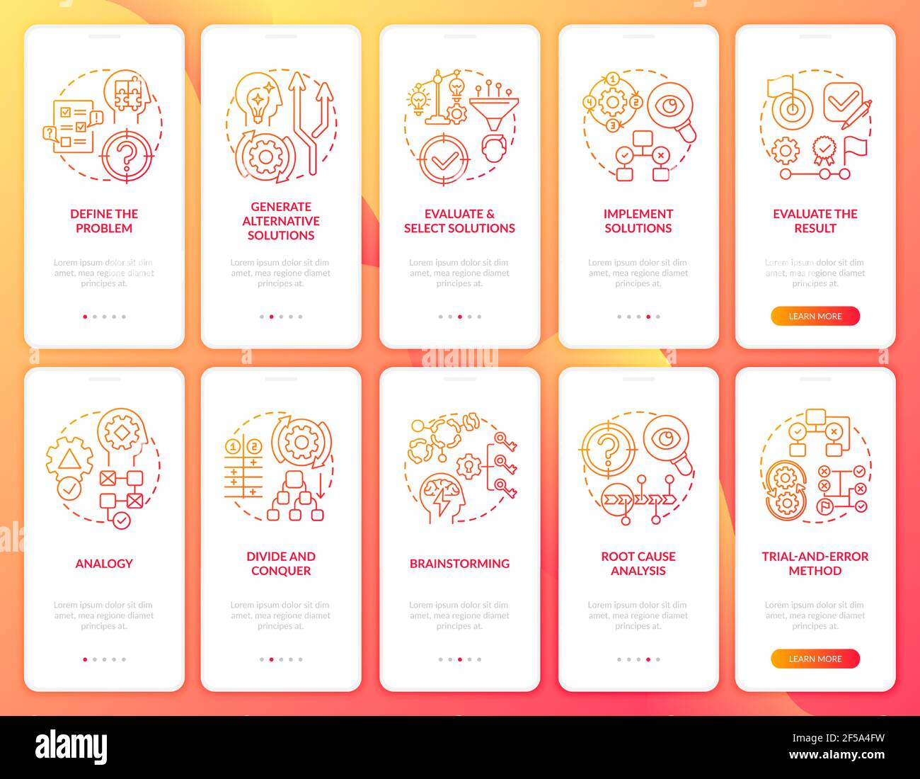 Problem Solving Red Onboarding Mobile App Page Screen With Concepts Set Stock Vector Image And Art