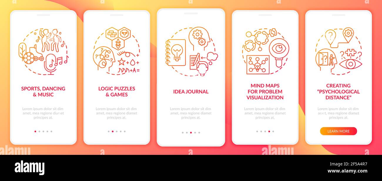 Boosting Problem Solving Skills Tips Red Onboarding Mobile App Page Screen With Concepts Stock