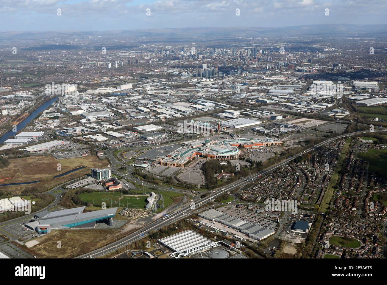 aerial view of the Manchester skyline from the M6 at Trafford Stock ...