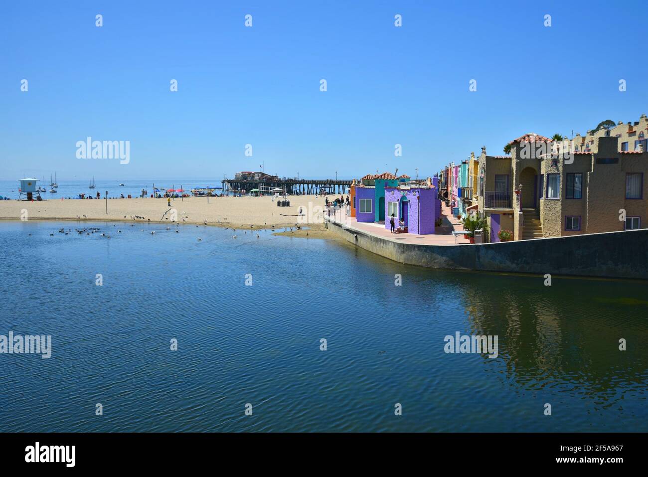 Landscape with scenic lagoon view of the Mediterranean Revival colorful ...