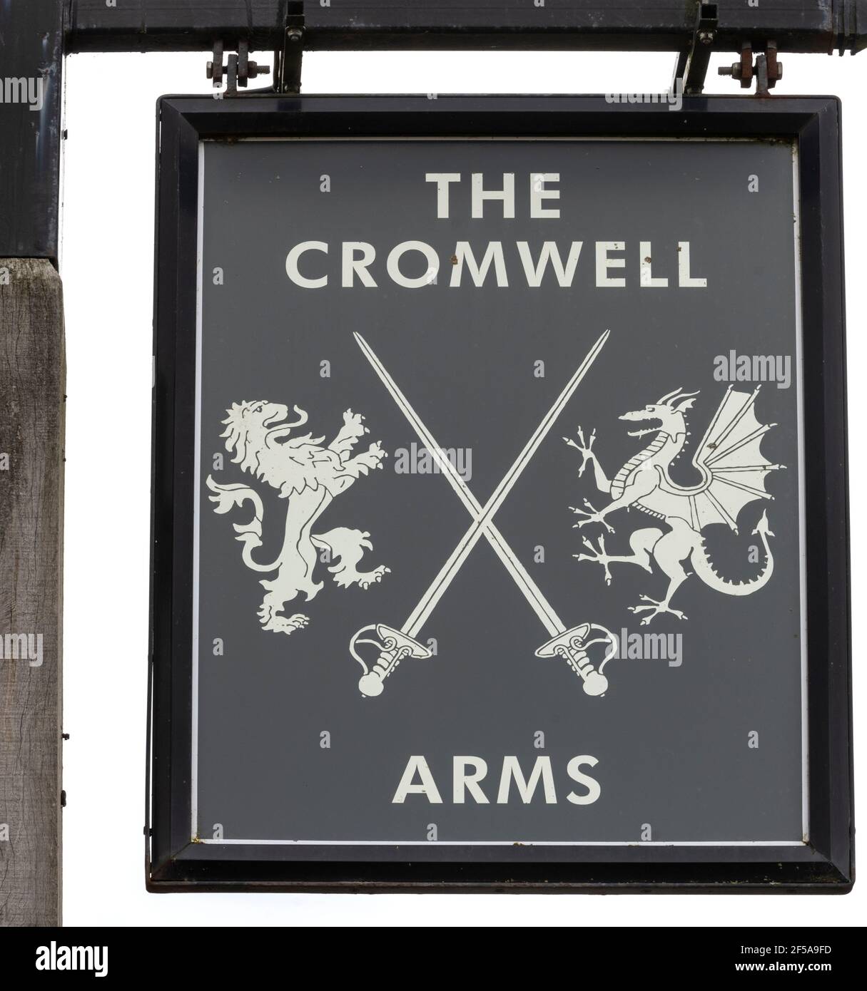 Traditional hanging pub sign at The Cromwell Arms public house ...