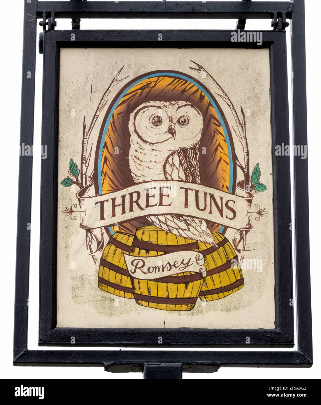 Traditional hanging pub sign at The Three Tuns public house, Romsey ...