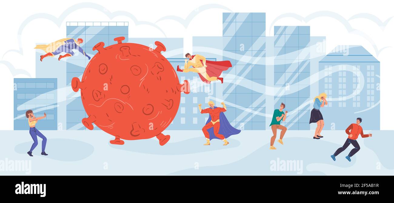 Flat cartoon superhero characters fight coronavirus,covid prevention ...