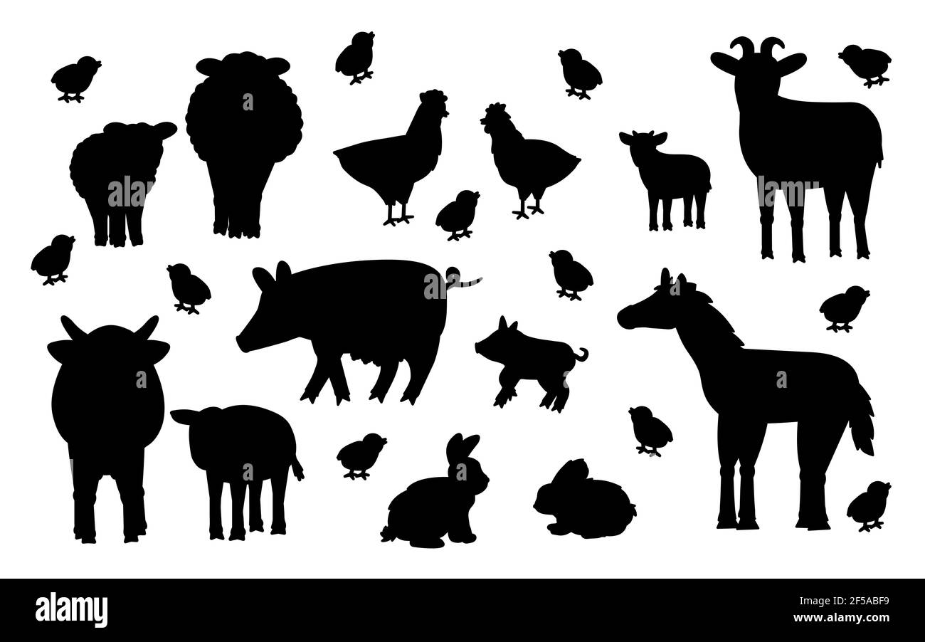 Set of cute vector silhouette cartoon animals at the farm. Sheep, ram ...