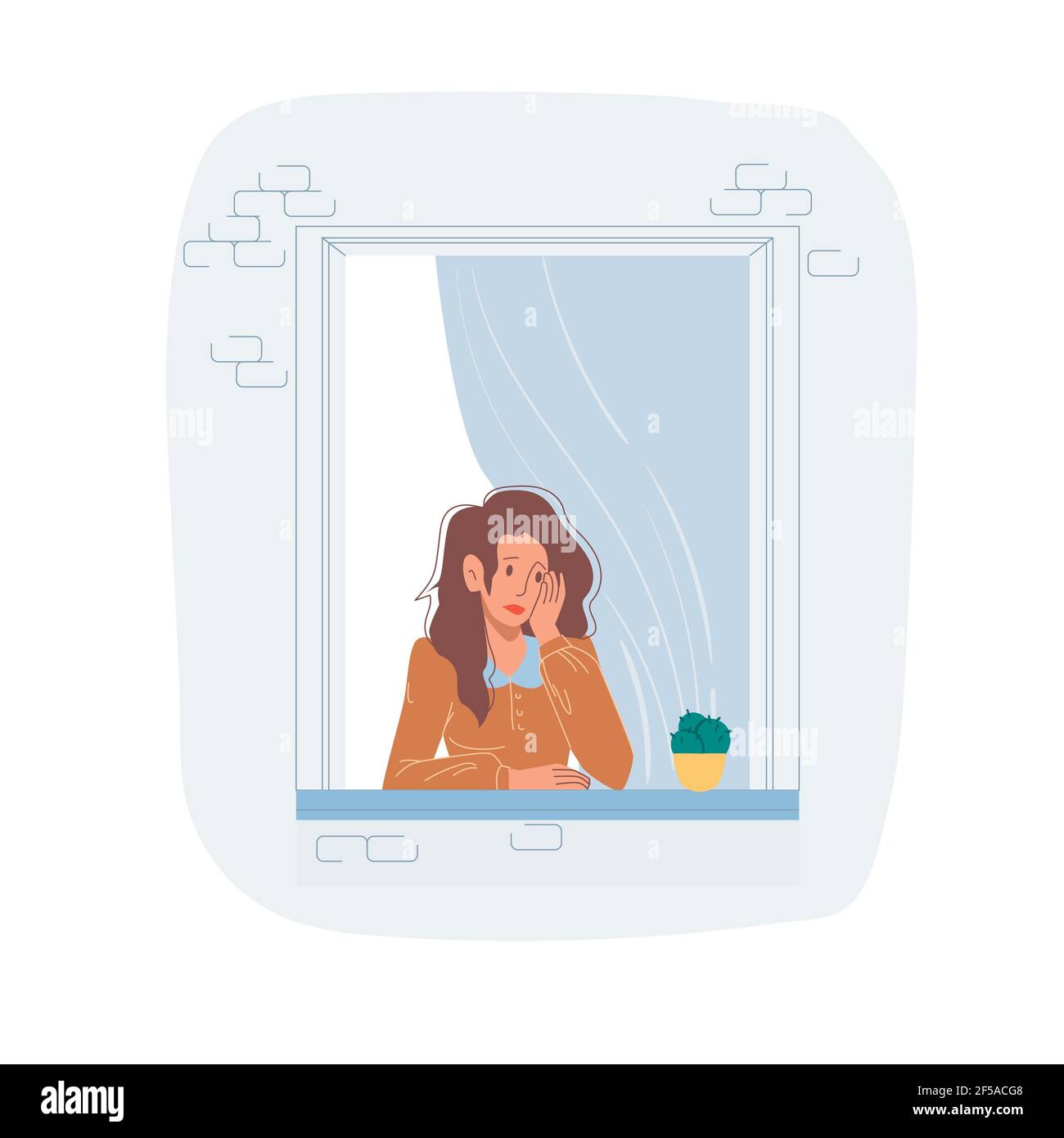 Flat cartoon woman character looks sad in house window,vector ...
