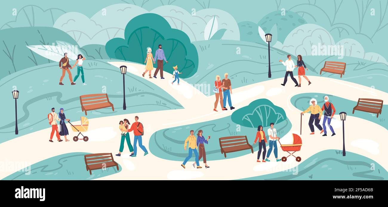 Flat cartoon family characters walking in park vector illustration ...