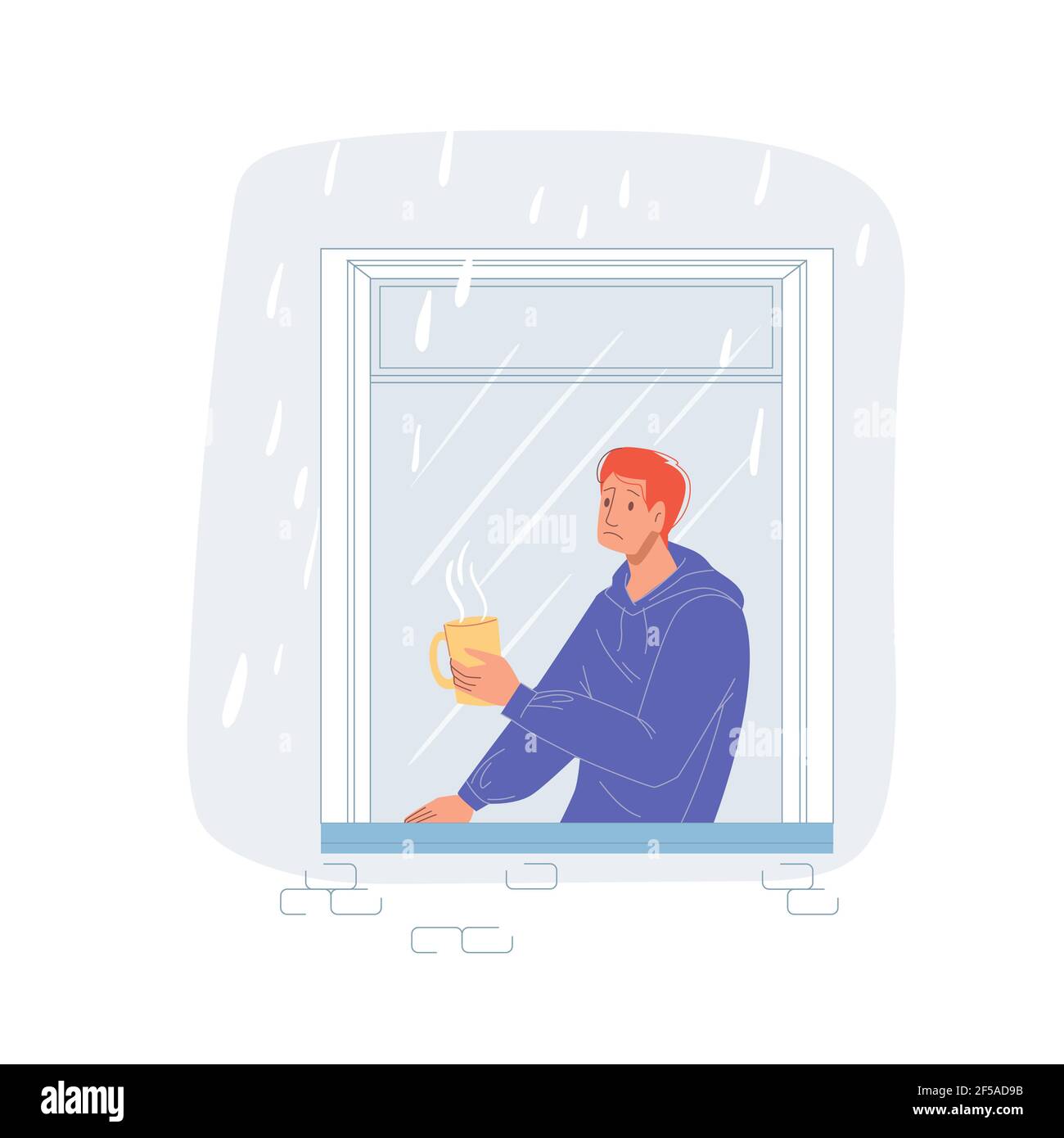 Flat cartoon man character looks sad in house window,vector ...