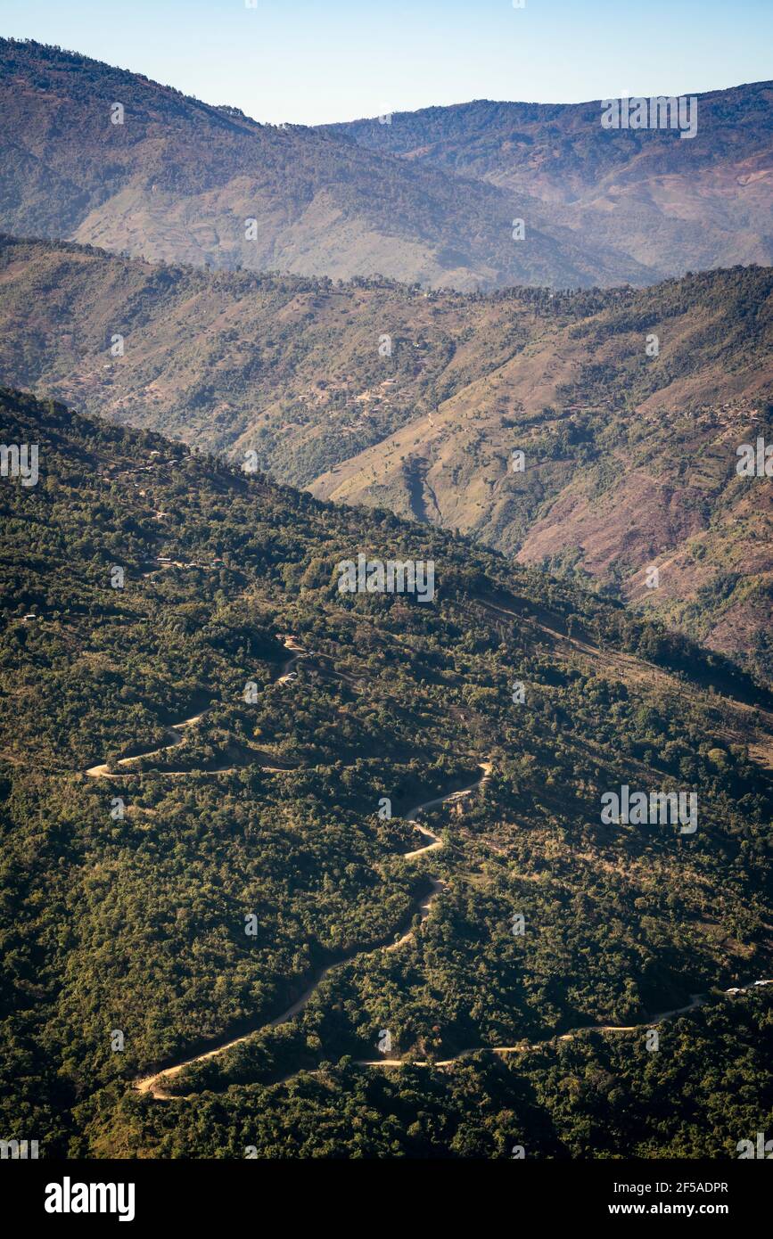 Winding road in mountains around Mindat, Chin State, Myanmar Stock ...