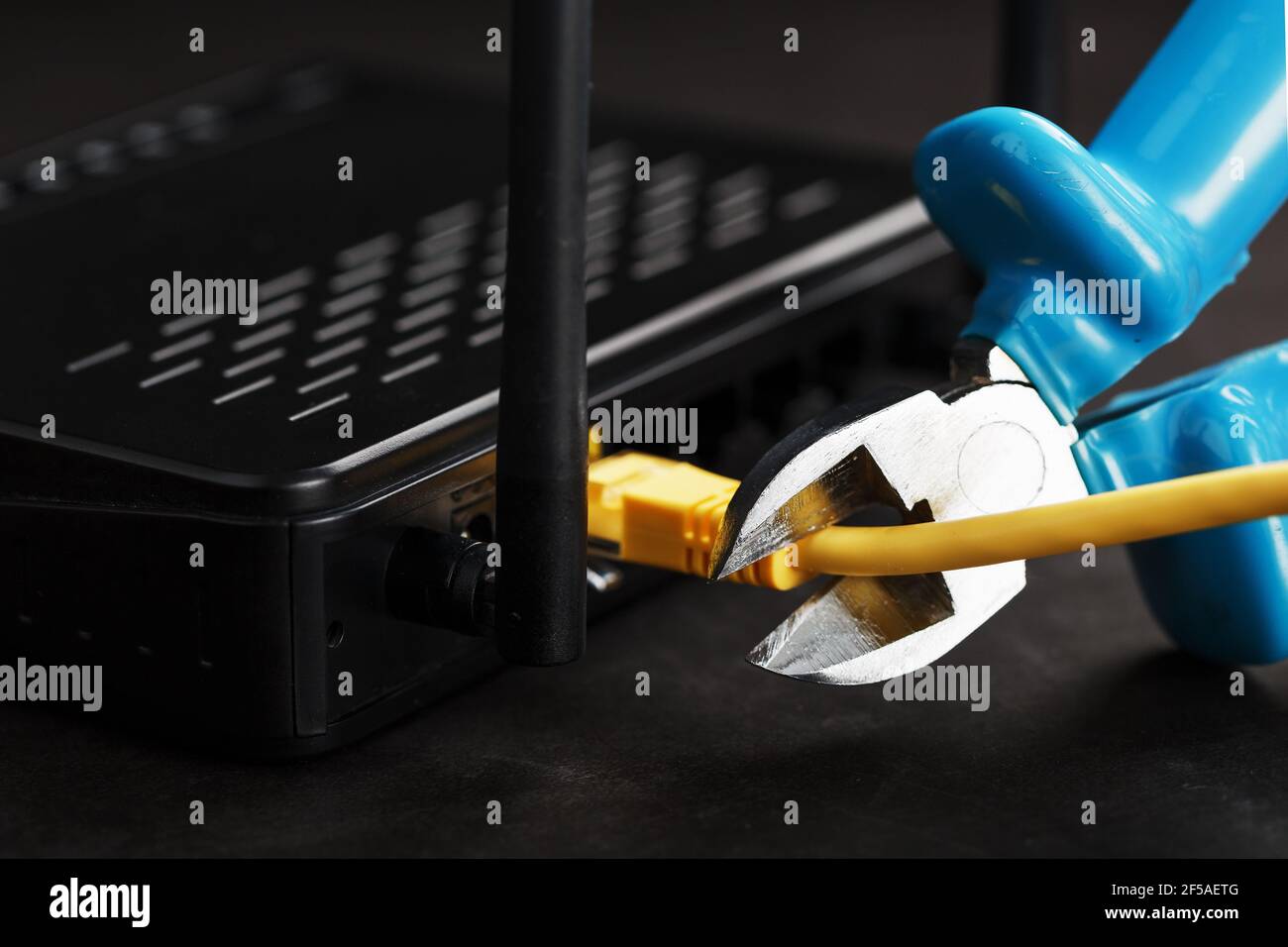 Tearing and cutting with blue wire cutters the network connection of ...